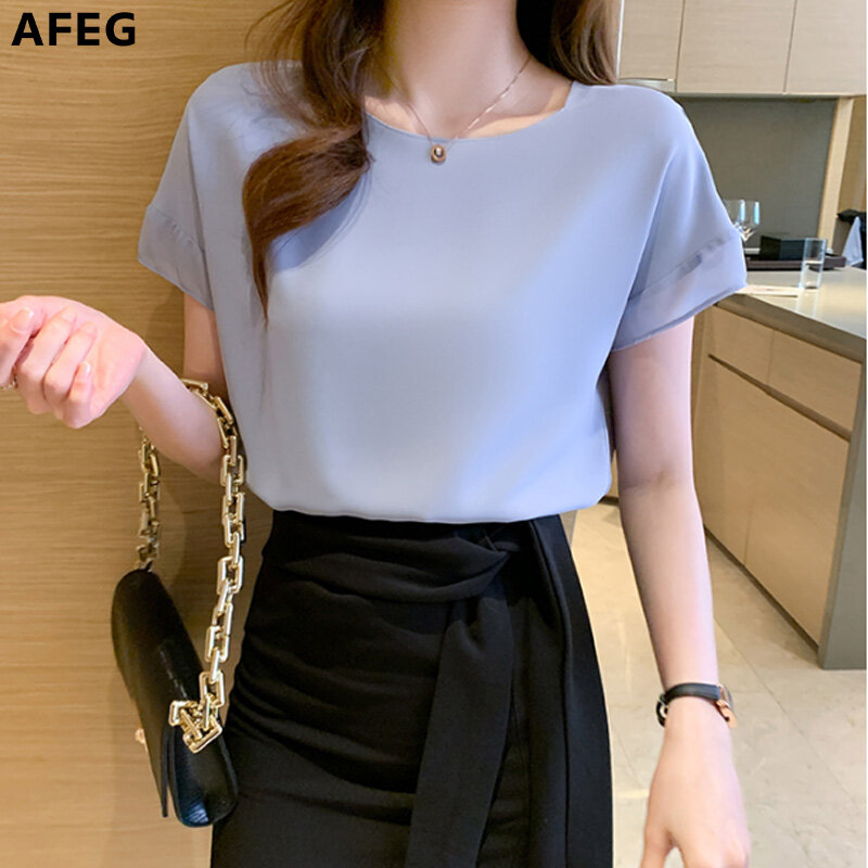 AFEG สไตล์เกาหลีแขนสั้นผู้หญิงอารมณ์ที่เรียบง่ายสีทึบเสื้อผู้หญิง ...