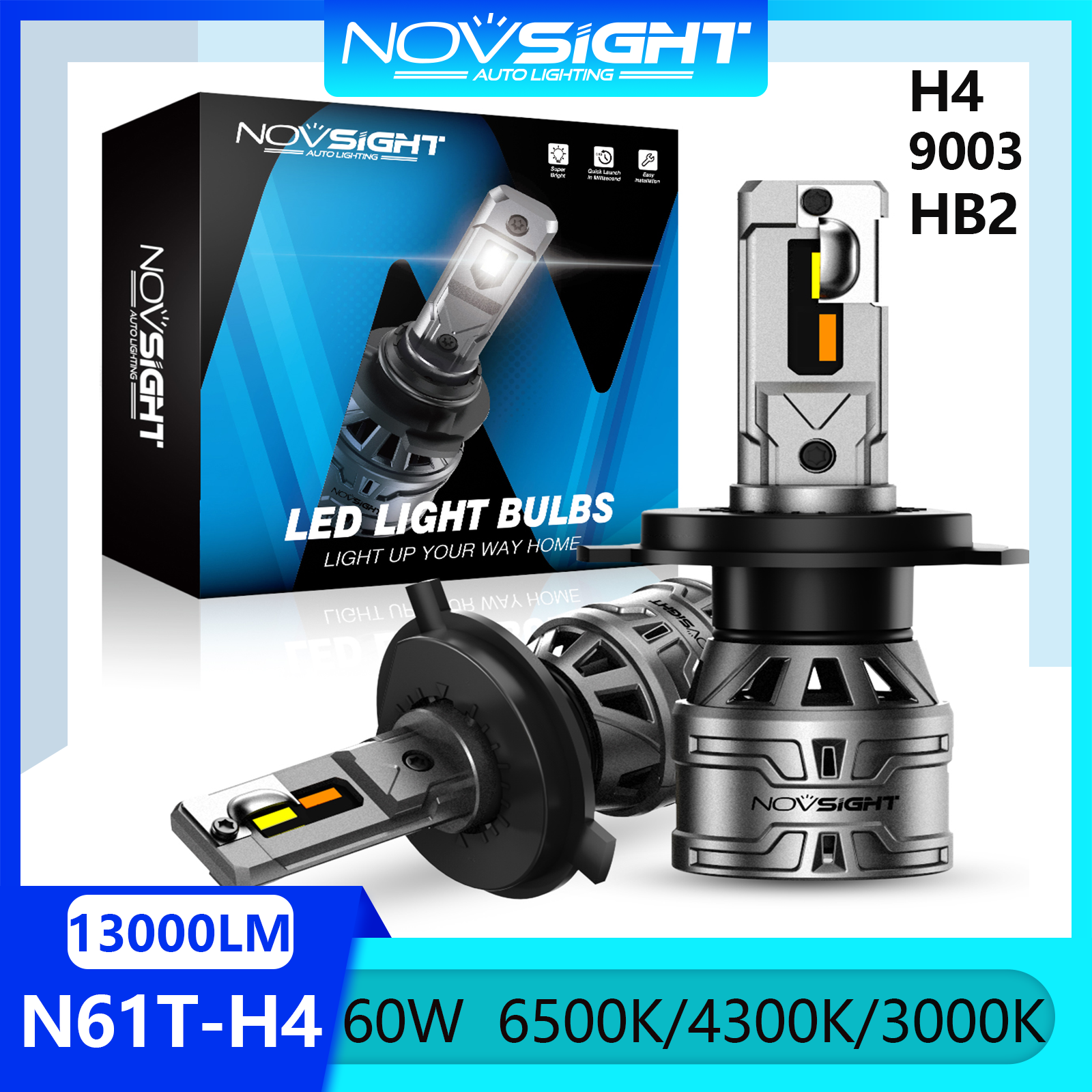 Novsight N61T H4 9003 HB2 LED Headlight Bulb 6500K/4300K/3000K 3 Colors Temperature LED Lights ...