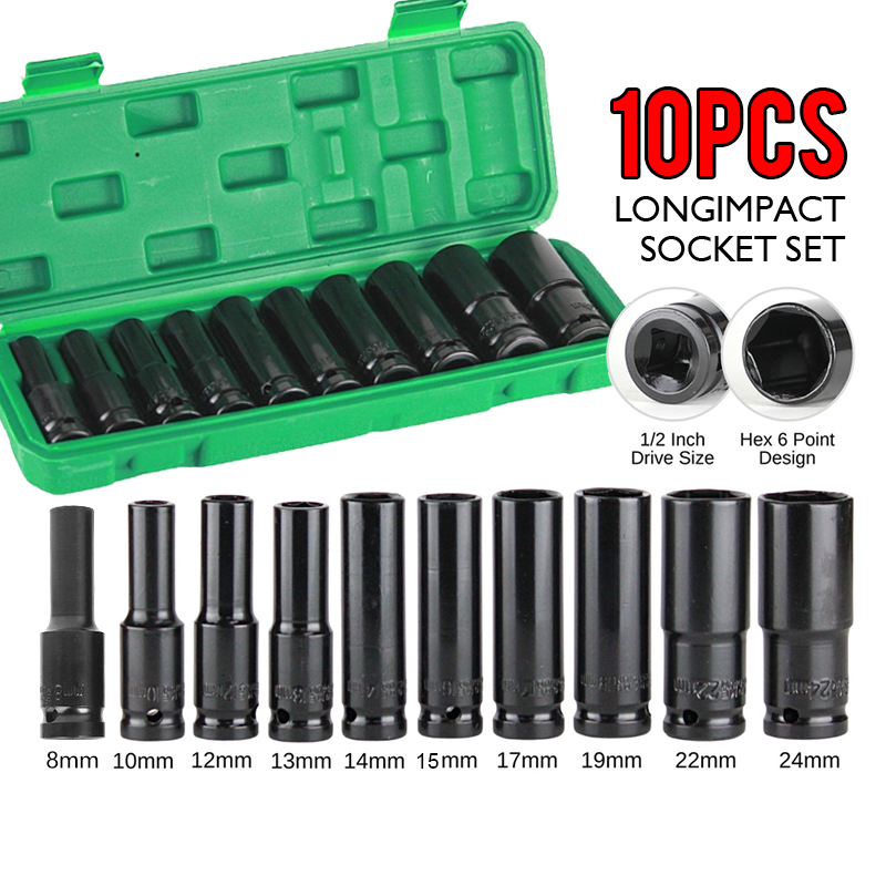 10PCS 1/2"8-24mm Socket Wrench Set Tool Length Extra Long Deep Impact ...