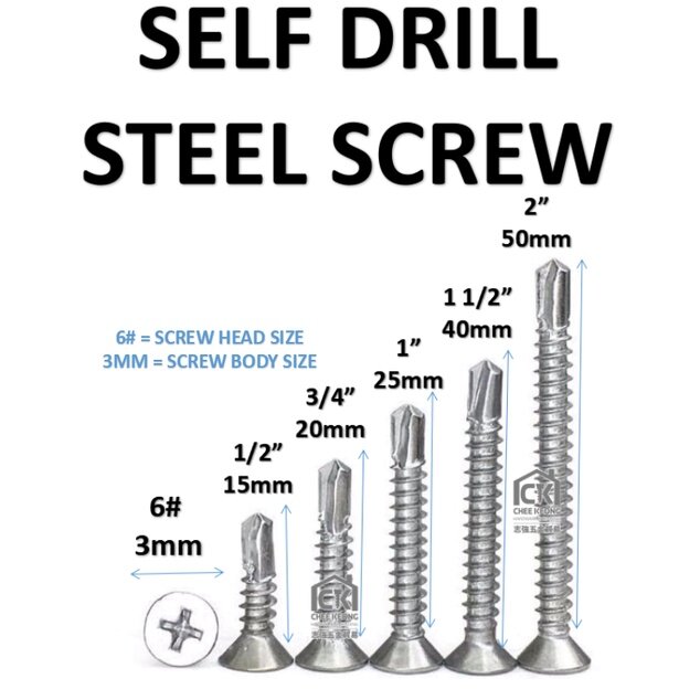 [BOX 1000PCS] SELF DRILLING SELF DRILL STEEL SCREW FLAT HEAD METAL ...
