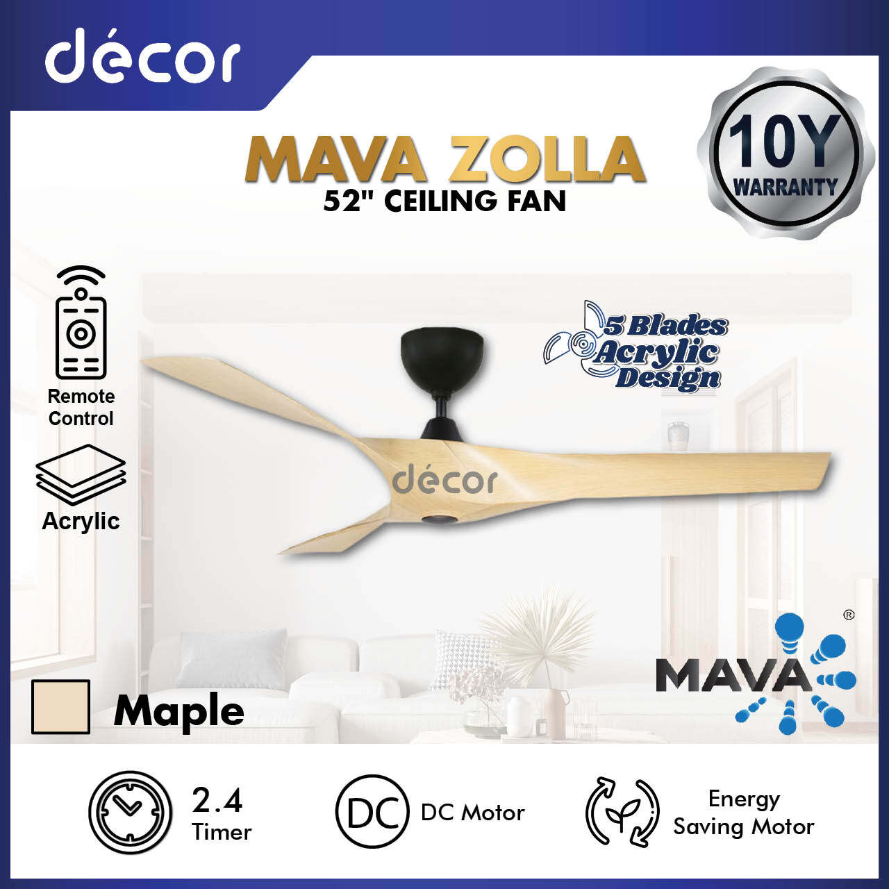 Mava Zolla 52'' 6 Speed 3 Blades Acrylic Full Copper Remote Control DC Motor Ceiling Fan Kipas ...
