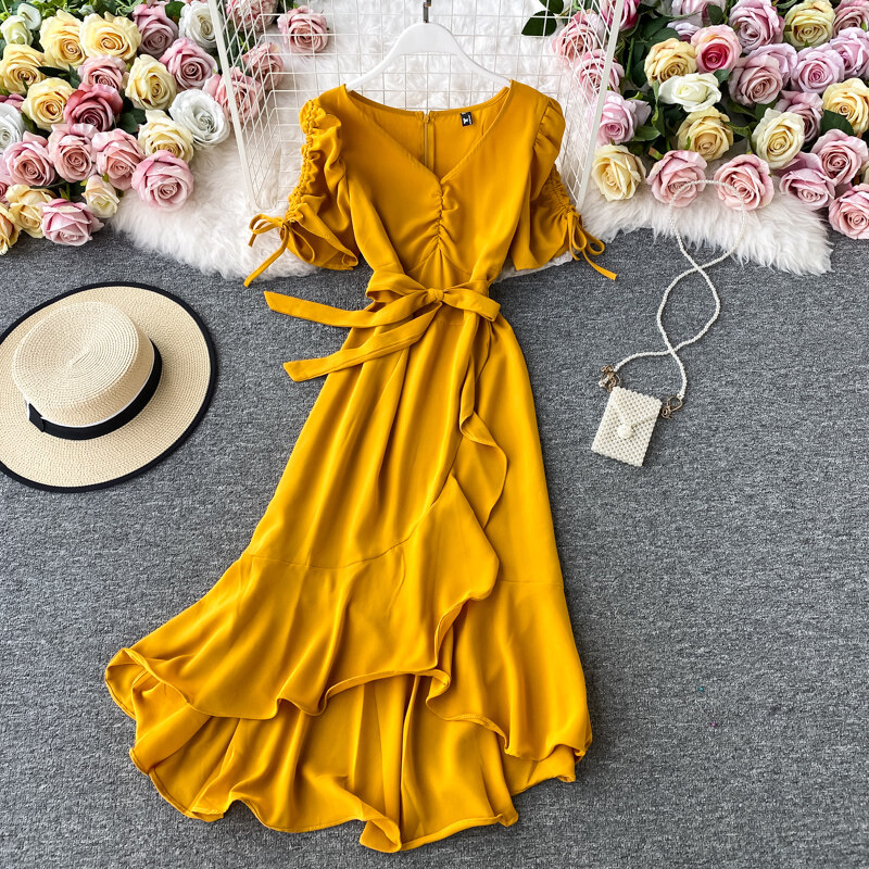 Vintage Ruffles Slim 2021 V Neck Summer Drawstring Midi Long Dress