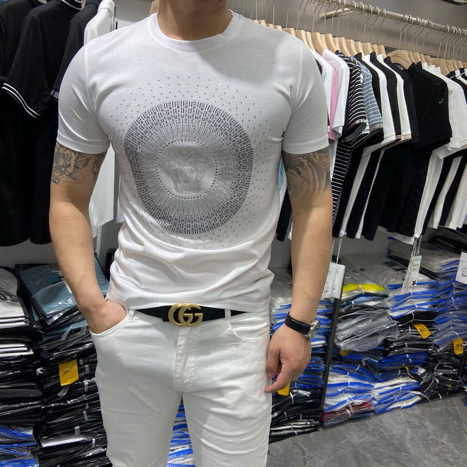 ยุโรปสถานี Versace ผู้ชาย Vasachi รอบคอเสื้อยืด Medusa Hot ปักเพชรการ ...