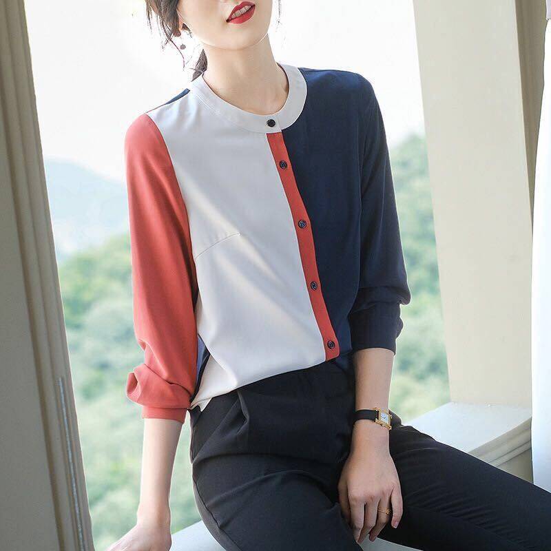 Contrasting Color Stitching Shirt Women's Long-sleeved 2021 Summer New ...
