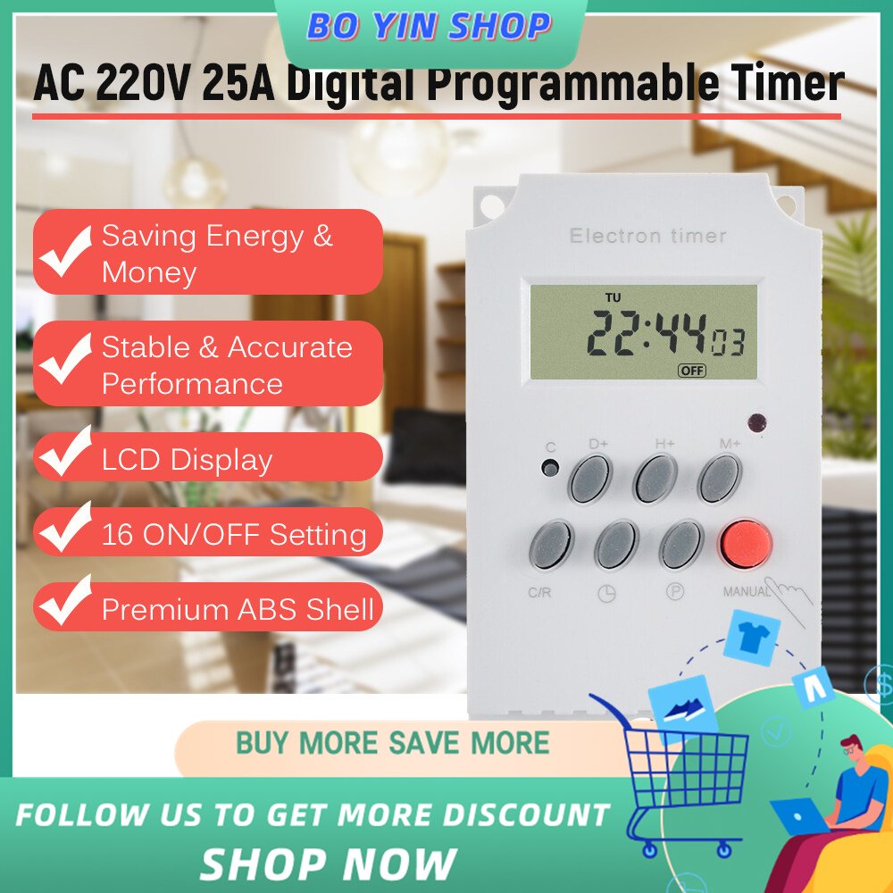 [BO YIN] AC 220V 25A Digital Programmable Timer Din Rail Electronic ...