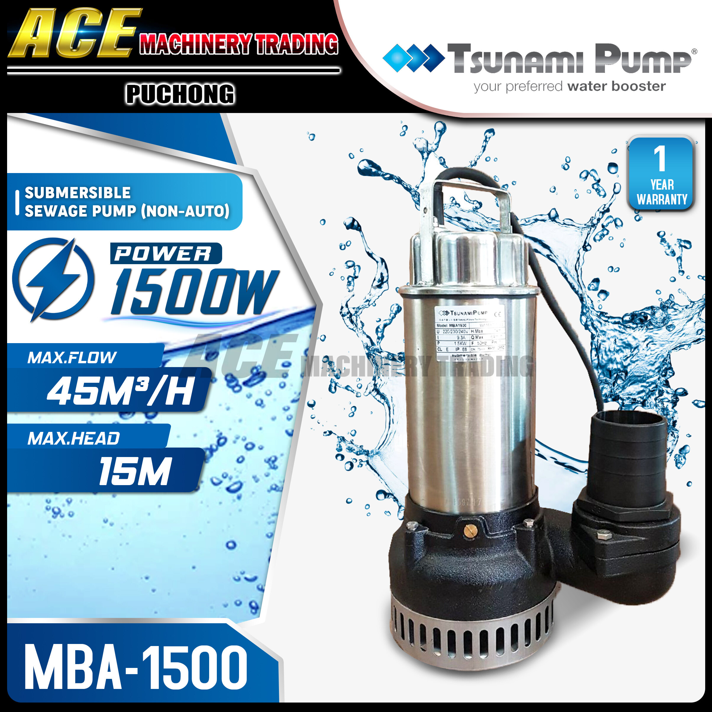 [ Tsunami ] MBA-1500 Submersible Sewage Pump 1.5KW | Lazada