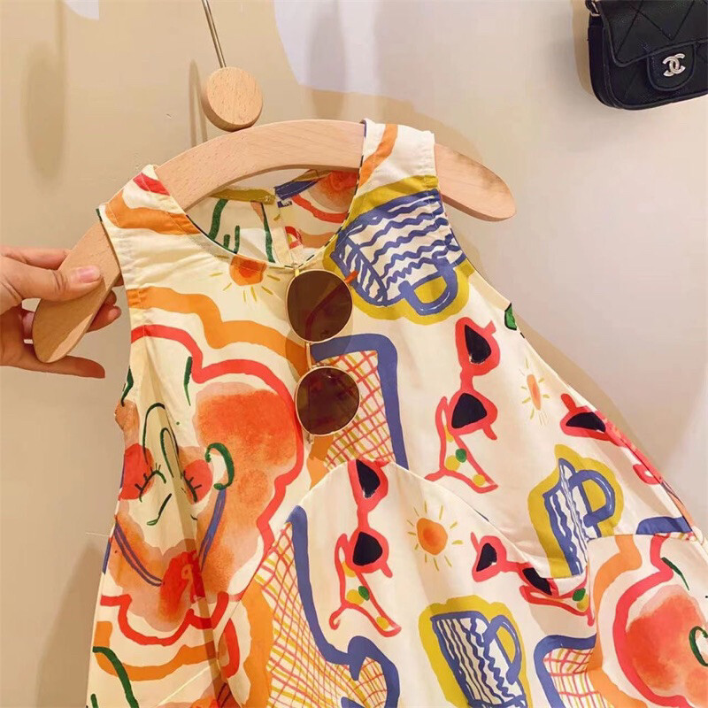 พร้อมส่งค่า ชุดกระโปรงเกด็กผู้หญิง แขนกุด พิมพ์ลายกราฟฟิตี้ ผ้าฝ้าย ใส่เย็นสบาย ใส่เที่ยวทะเล ...