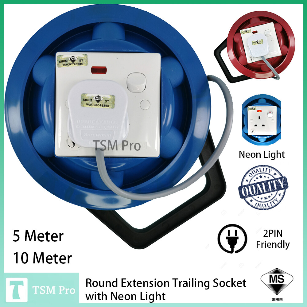 Round Extension Trailing Socket Plug Adapter 1 Way Neon Switch Socket 5 ...