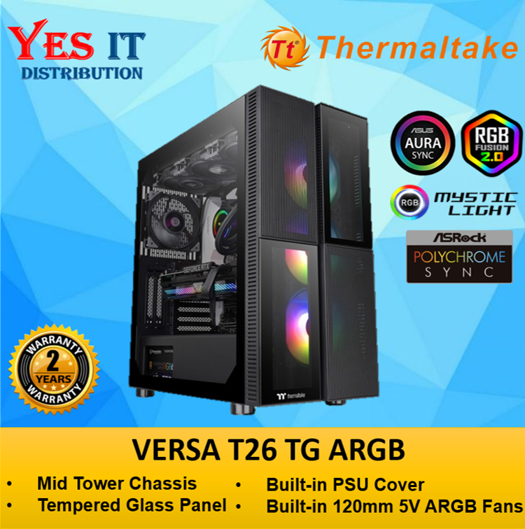 THERMALTAKE VERSA T26 TG ARGB MID TOWER CHASSIS AIR ATX CASE BLACK (CA ...