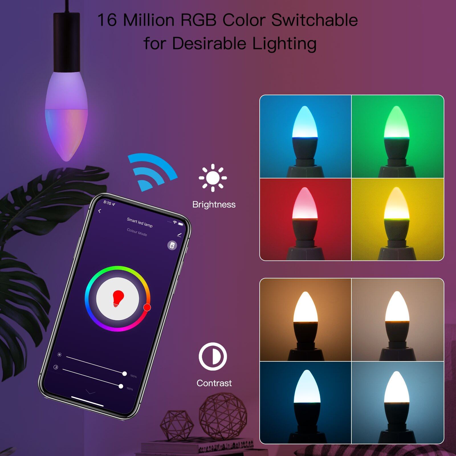 MOES WiFi Smart LEDLight Bulb E14 Candle Lamp 16Million RGBCCT 2700-6500K Dimmable Candelabra ...