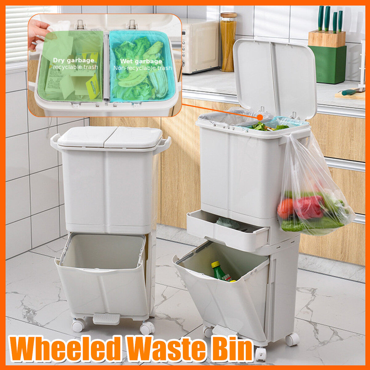 Waste Bin Kitchen Living Room Bathroom Wheels Trash Can Dry and Wet ...