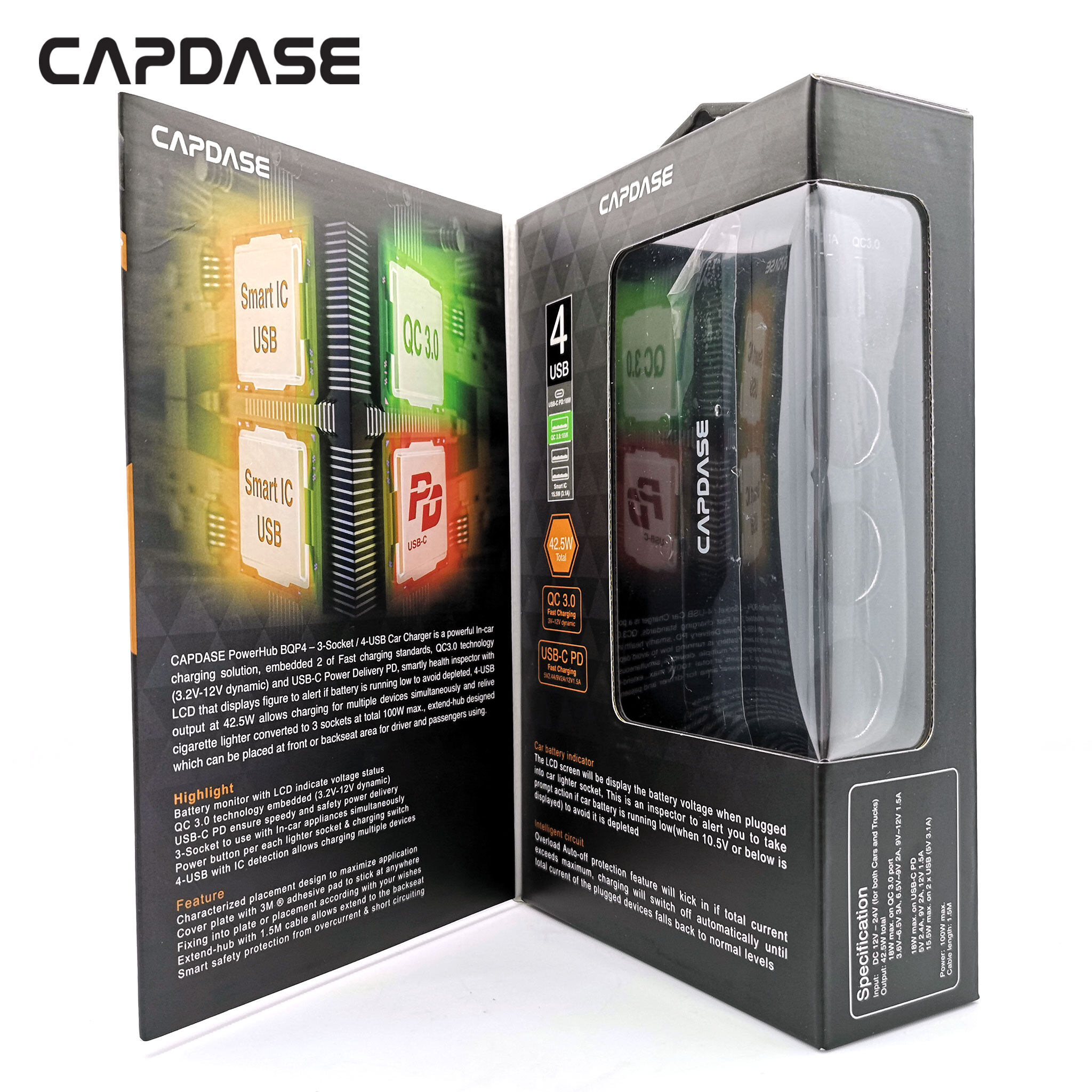 CAPDASE POWERHUB BQP4 3ซ็อกเก็ตและ4-USB QC 3.0และ USB-C PD ชาร์จไฟในรถ ...