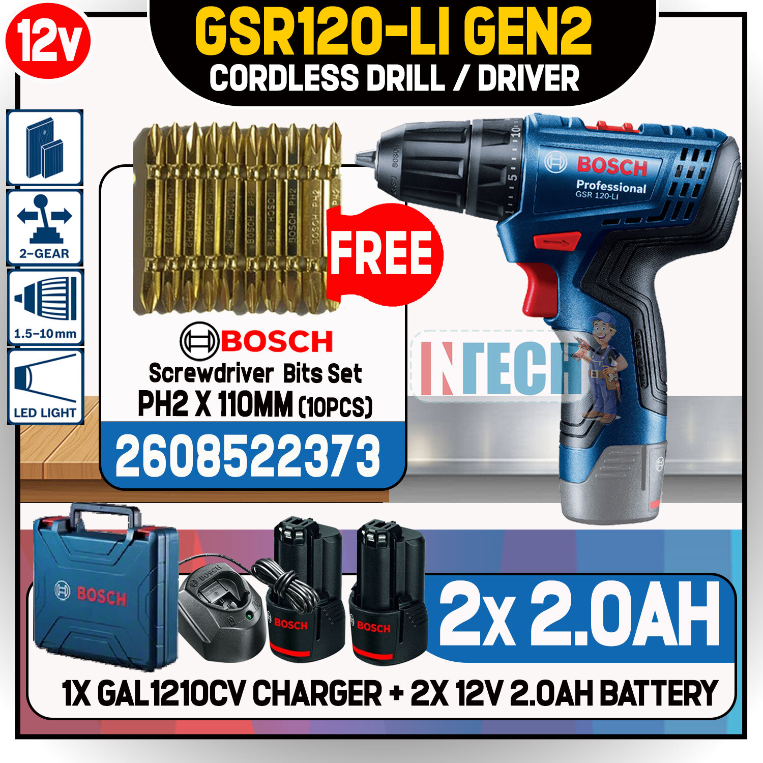 BOSCH GSR120-LI CORDLESS DRILL/DRIVER C/W 2x 12V 2.0AH BATTERY + 1X AL ...