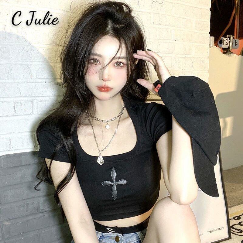 จูลี่ซี2022ใหม่เอเชียสาวร้อน Crop Top ผู้หญิงกระชับแขนสั้นเสื้อยืดสะดือสแควร์คอสีขาว Top