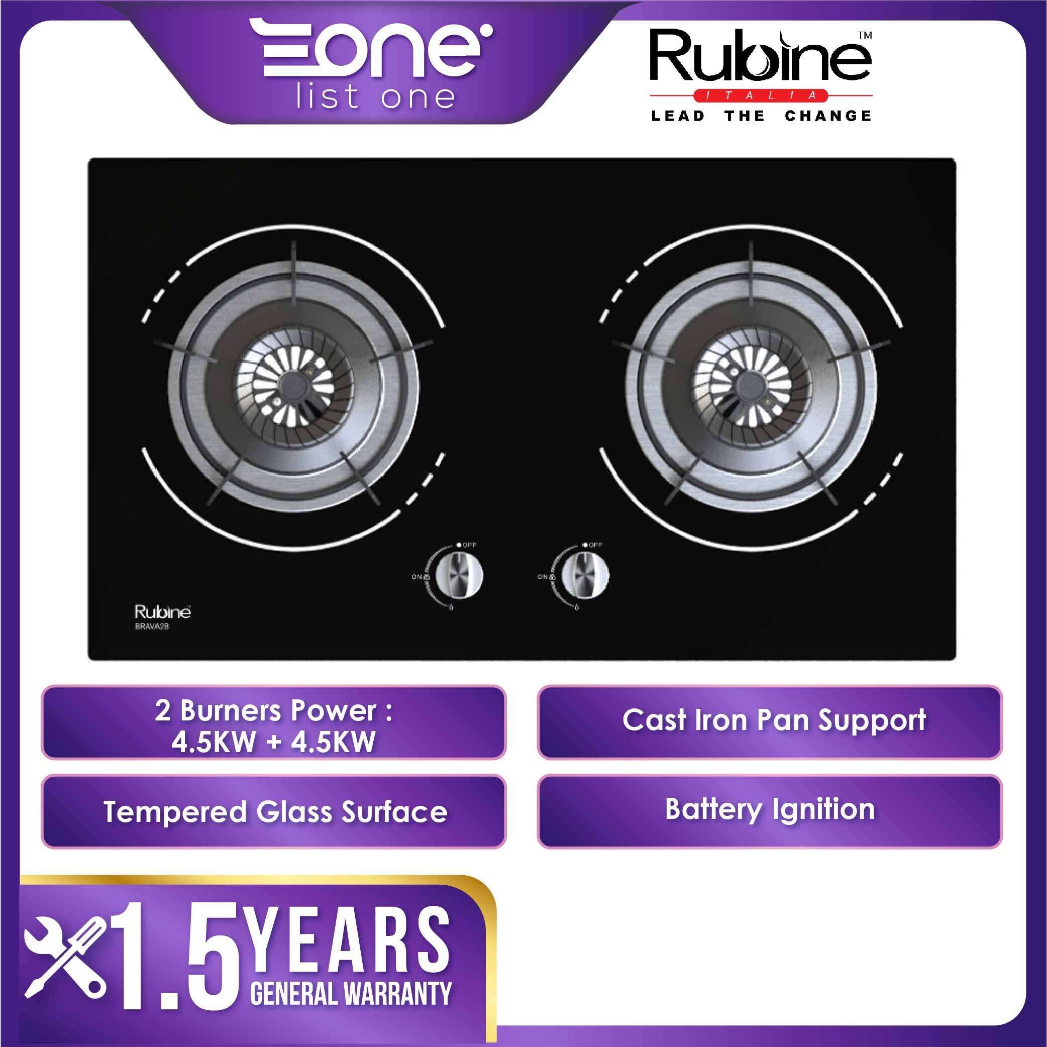 Rubine 4.5KW Built-in Glass Gas Hob 2 Burner 76cm with Safety Valve RGH ...