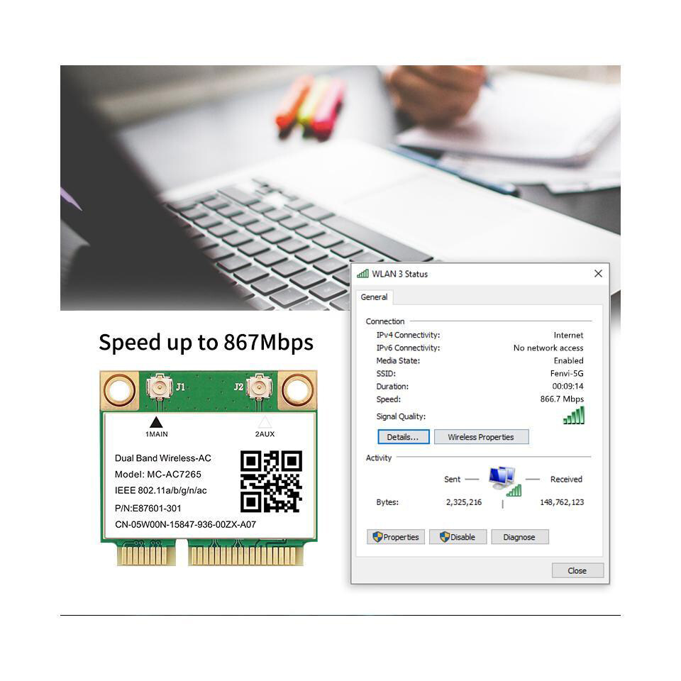MC-AC7265 1200Mbps 4.2บลูทูธครึ่งมินิ Pcy-e Wifi การ์ดไร้สาย Intel 7265 ...
