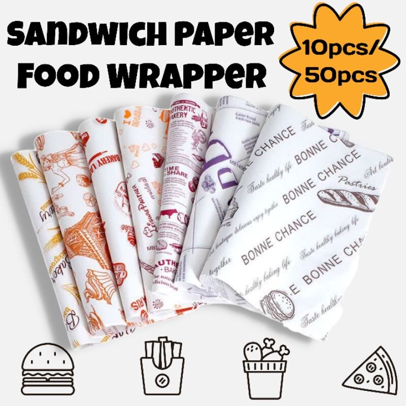 10/50Pcs Wax Paper Sandwich Wrappers Bread Burger Fries Food Display ...