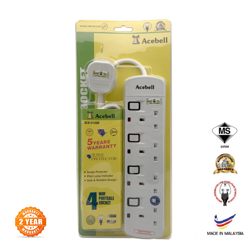 Acebell Power Socket Extension Surge Protector 3 /4/5 Gang Socket with ...