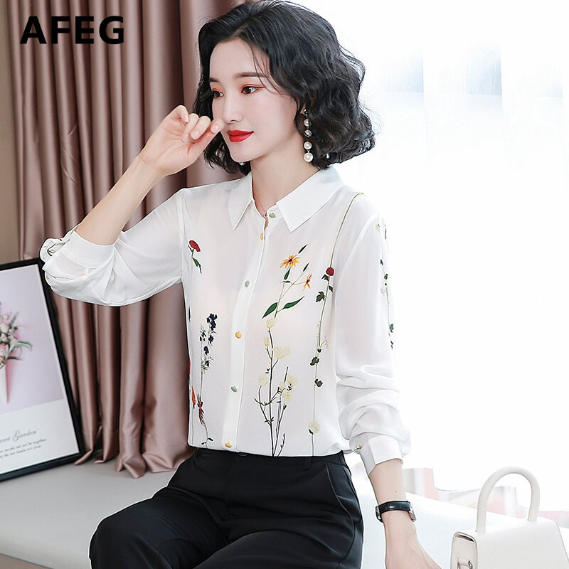 AFEG เสื้อผู้หญิงแขนยาวผ้าชีฟองพิมพ์ลาย,แฟชั่นเกาหลีใส่ได้ทุกโอกาสทรง ...