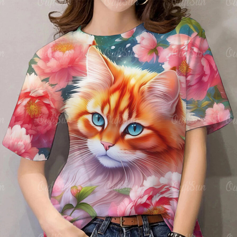 2567เสื้อยืดลายการ์ตูนแมวสำหรับผู้หญิงเสื้อยืดสตรีทสตรีทแบบเต็มตัวแขน