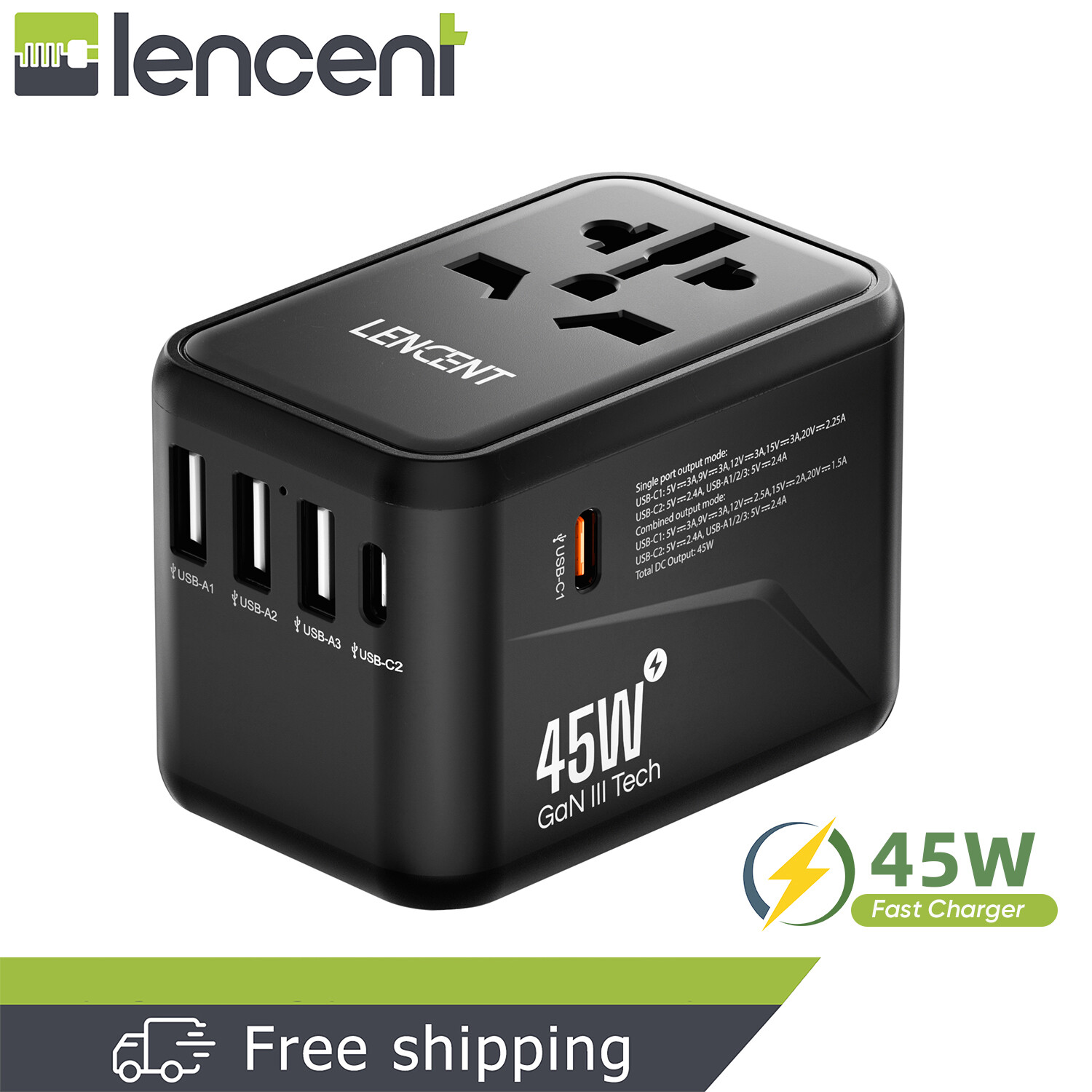 LENCENT GaN III 65W/45W/30W Universal Travel Adapter, International ...