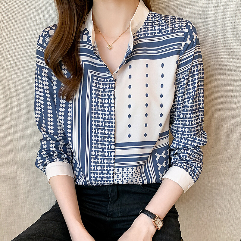 Retro Chiffon Blouse Women Long Sleeve Casual Shirt Plus Size Office