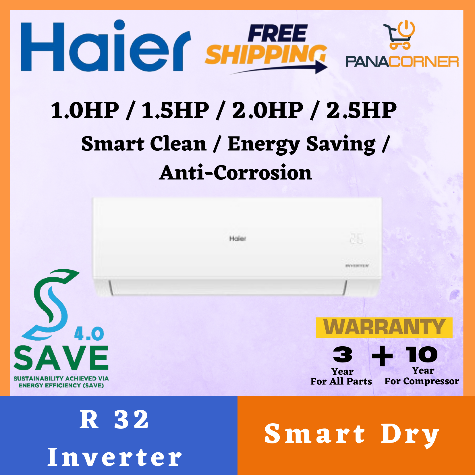 [Clean Cool] Haier Inverter Air Conditioner Smart Clean Smart Dry HSU-10VQA22 (1.0HP) / HSU ...