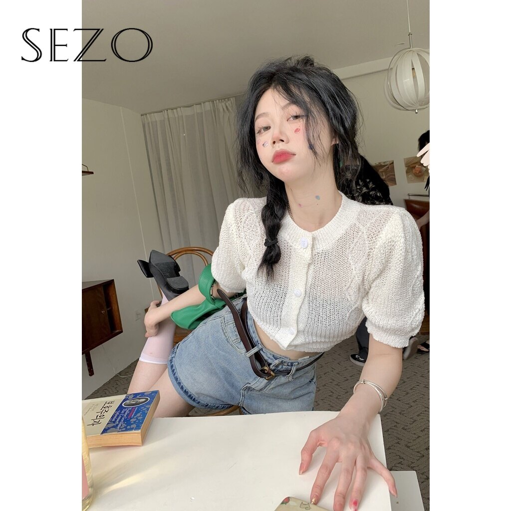 SEZO เสื้อถักแขนสั้นคอกลมสำหรับผู้หญิง,เสื้อถักแขนสั้นแบบพองสไตล์เกาหลี ...