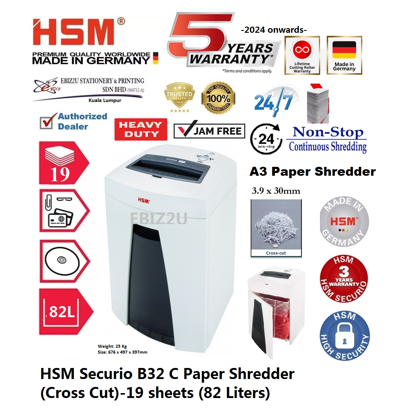 HSM Securio B32 C Paper Shredder (Cross Cut) 4.5×30 mm -19 sheets (82 Liters) ( B32C, Cross Cut ...