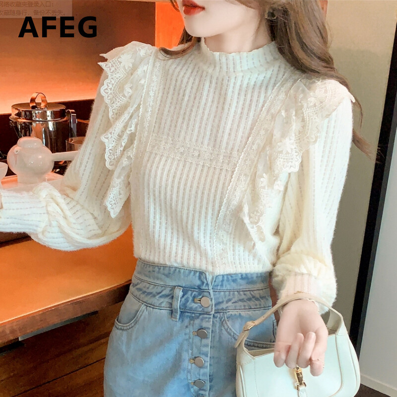 AFEG เสื้อผู้หญิงแขนยาวผ้าลูกไม้,ใหม่เสื้อแฟชั่นสไตล์เกาหลีทรงหลวมและ ...