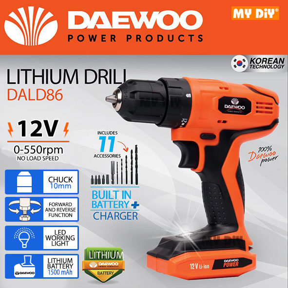MYDIYHOMEDEPOT - DAEWOO DALD86 Cordless Drill 12V Lithium Battery 550rpm 10mm Chuck FREE 11pcs ...