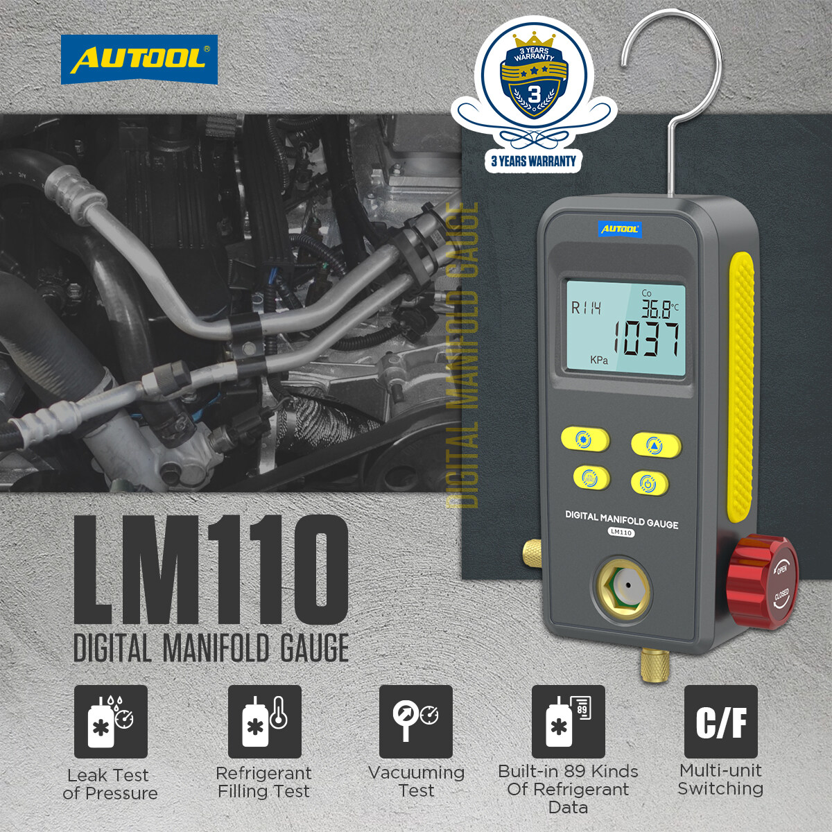 AUTOOL LM110 เครื่องทำความเย็นแบบดิจิตอล Manifold HVAC ความดันสุญญากาศ ...