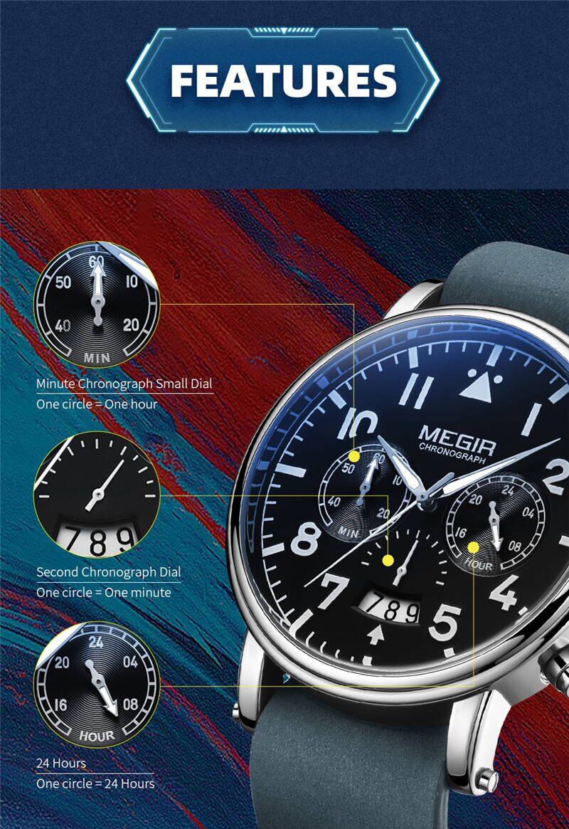 Megir official genuine blue leather bracelet men's sports watch ...