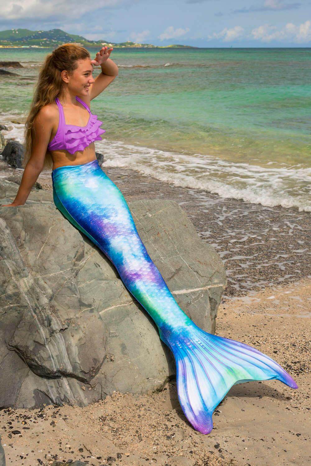 ชุดว่ายน้ำเด็กผู้หญิง Spark Mermaid Tail 4 ชิ้นพร้อม Monofin ครีบ ...