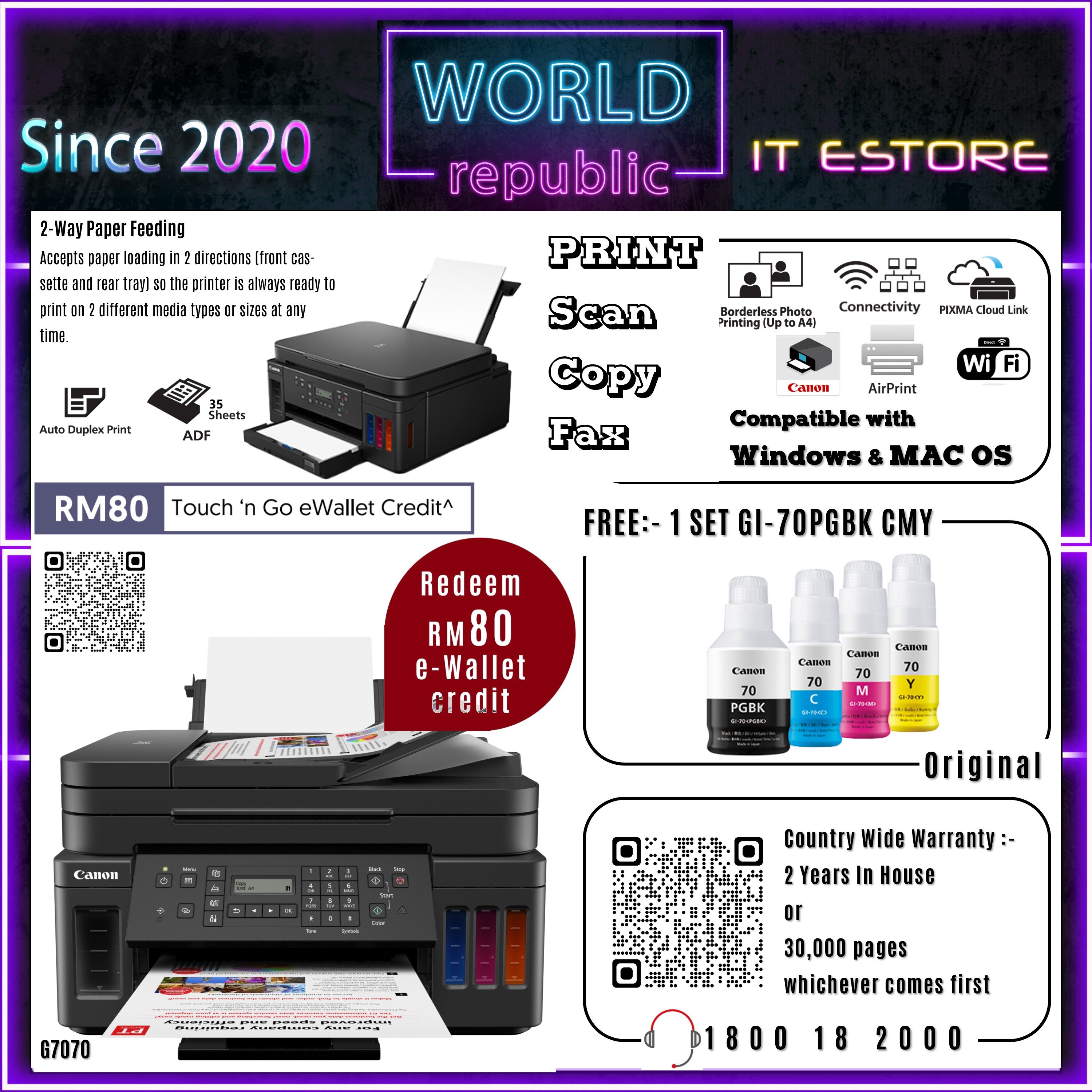 Canon PIXMA G7070 Refillable Ink Tank Wireless All-In-One with Fax for High Volume Printing ...