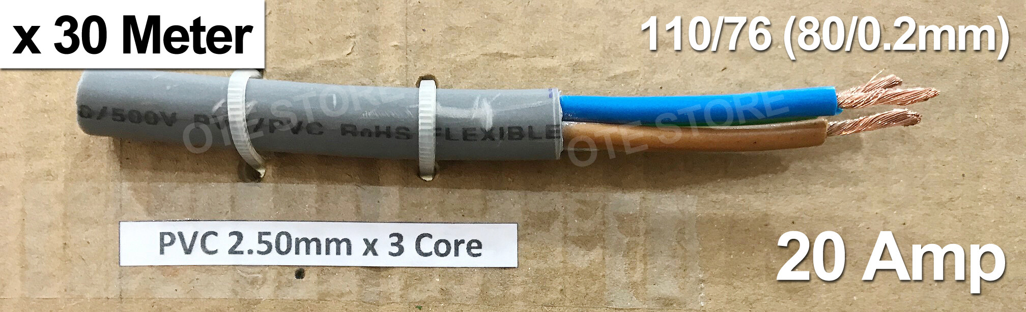 PVC 2.5mm x 3 Core Flexible Cable Sirim 110/76 80/0.2mm 20A (5 Meter ...