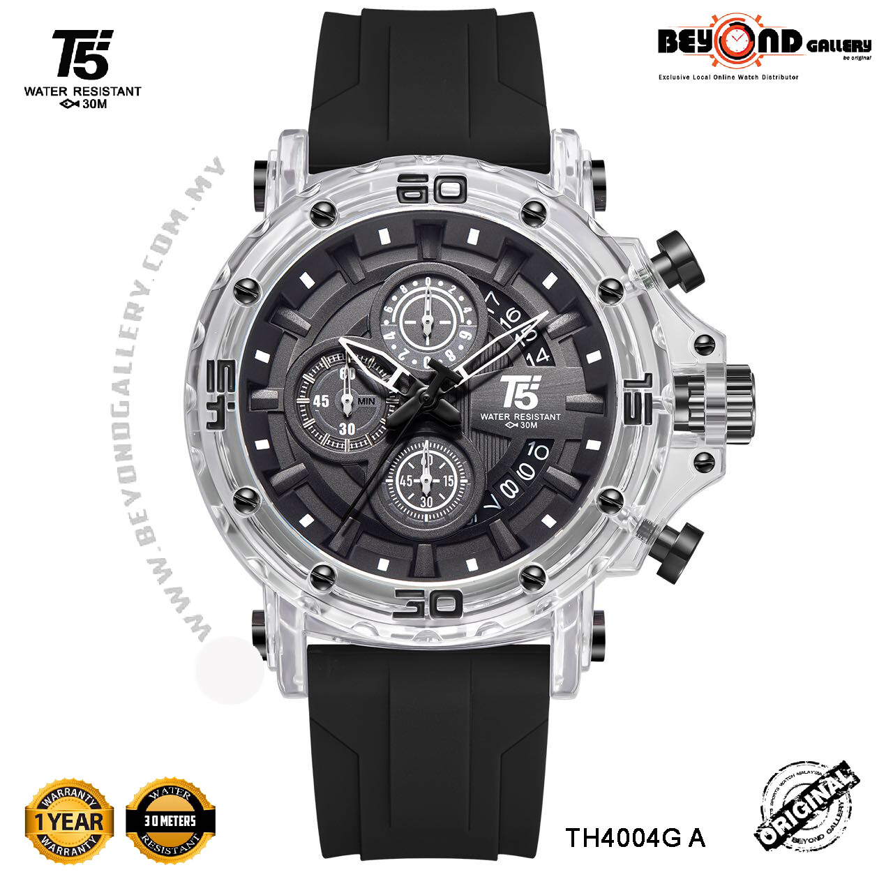 T5 Watch Malaysia TH4004G Acrylic Casing & Chronograph Date Rubber ...