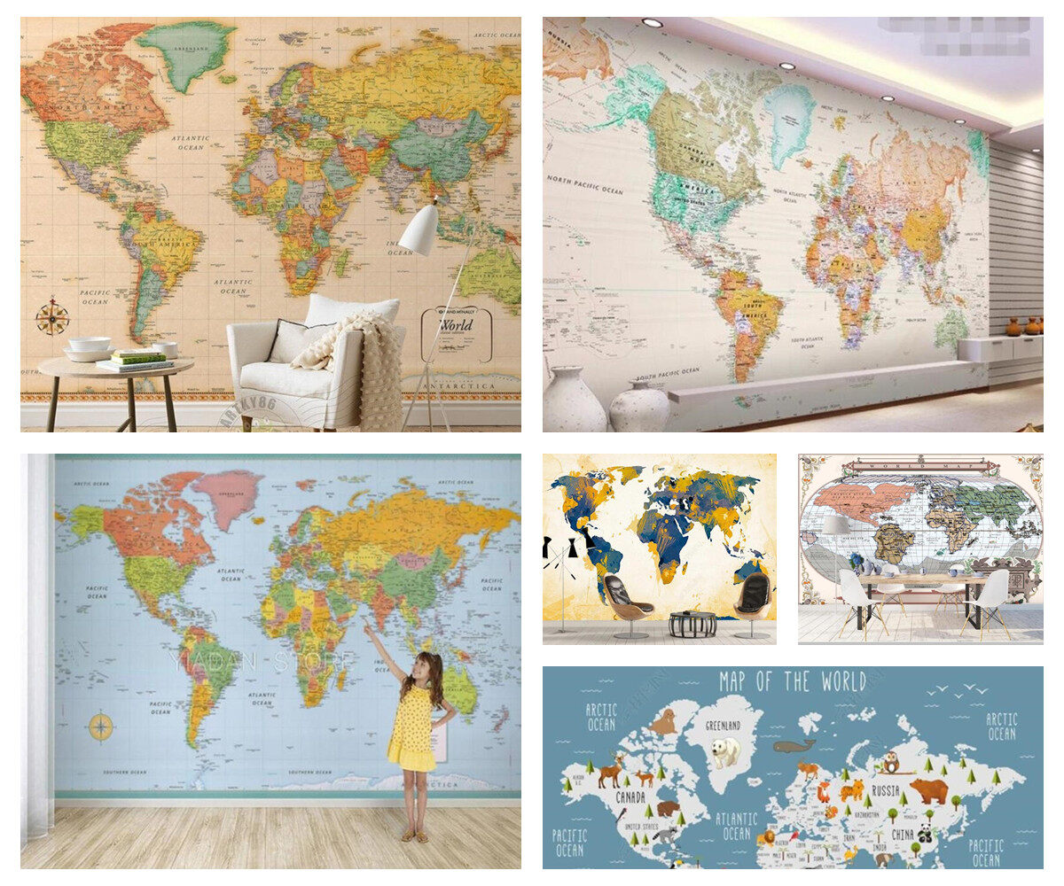 60 styles retro world map cartoon map of the world kids' wallpaper ...