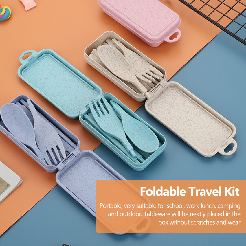 4 Pack Collapsible Travel Utensil Set With Case Wheat Straw Reusable ...