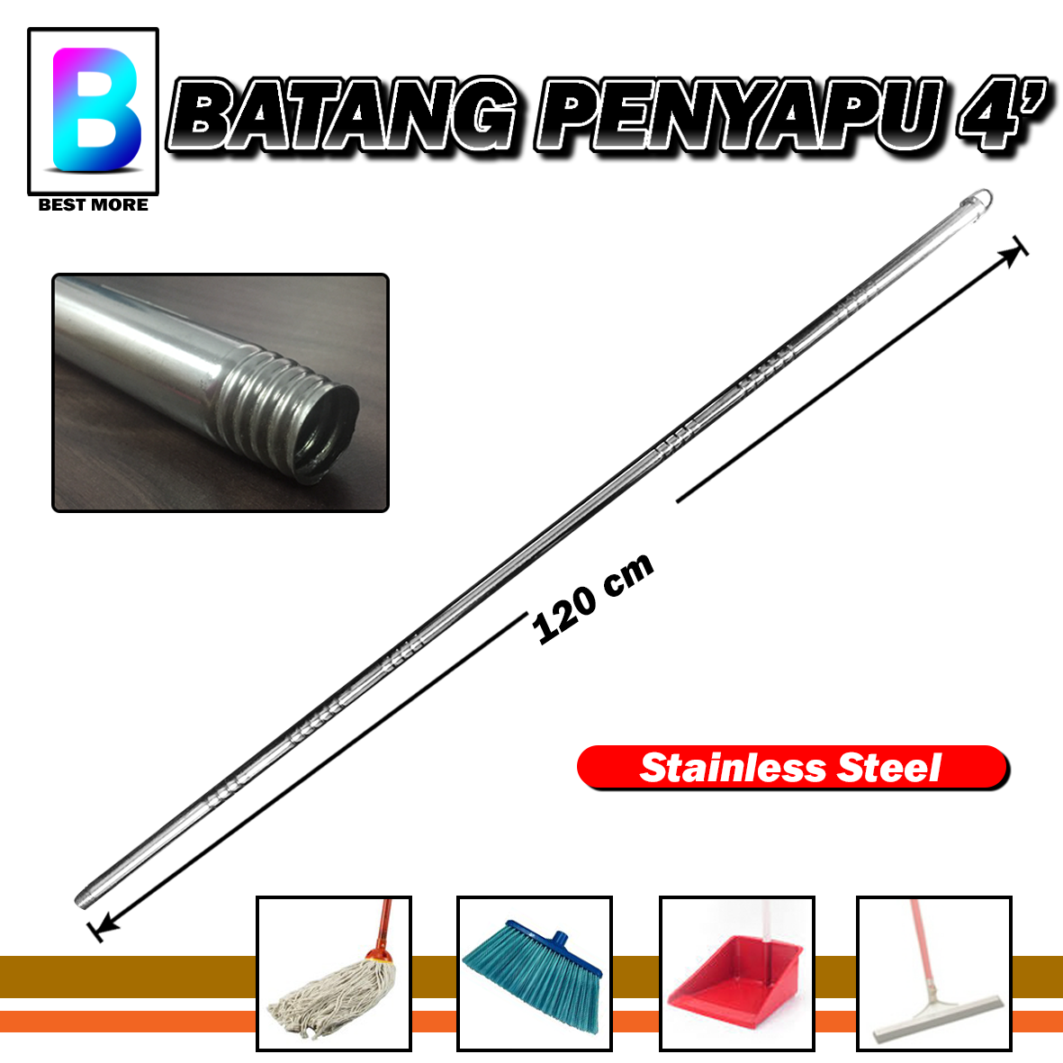 Heavy Duty Stainless Steel Broom Stick 4' | Lazada