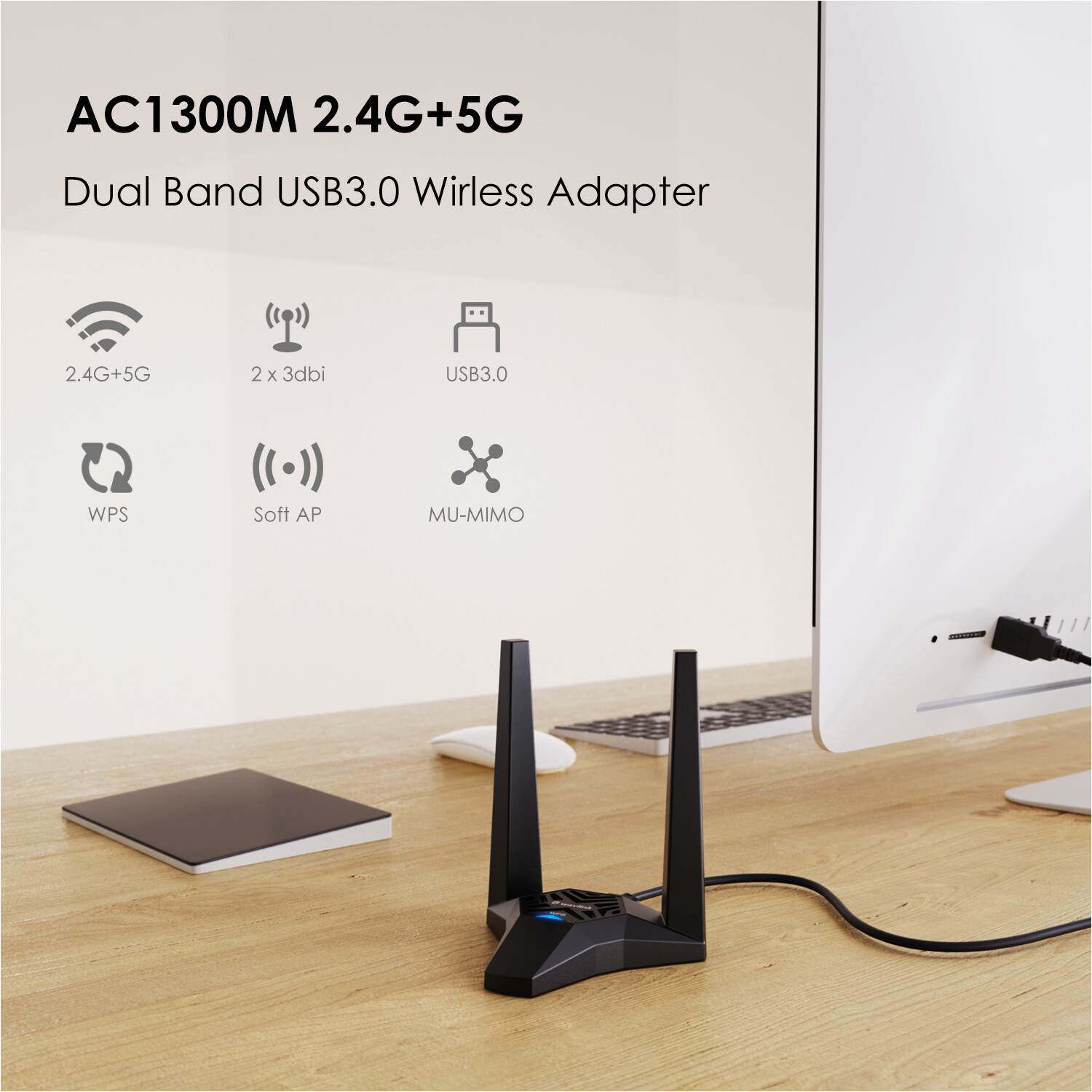 WAVLINK AC1300 USB 3.0ตัวรับสัญญาณ WiFiDual Band 2.4G5GDual สูง3dBi เสา ...