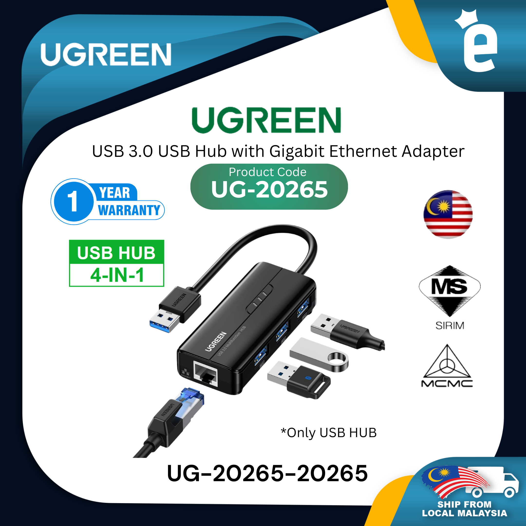 UGREEN 20265 4 IN 1 USB 3.0 USB HUB WITH GIGABIT ETHERNET NETWORK + USB ...