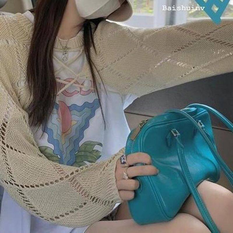Simon ผู้หญิงแขนยาวเกาหลีถัก Smock แฟชั่นสีทึบรอบคอ Super เสื้อถักสั้น ...