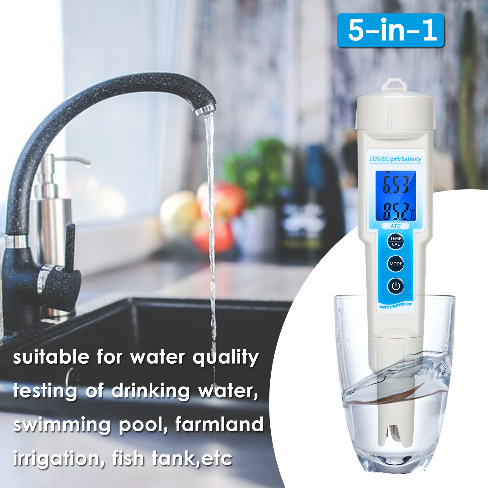 5-in-1 pH Meter Waterproof Multifunctional TDSECpHSalinityTemperature ...