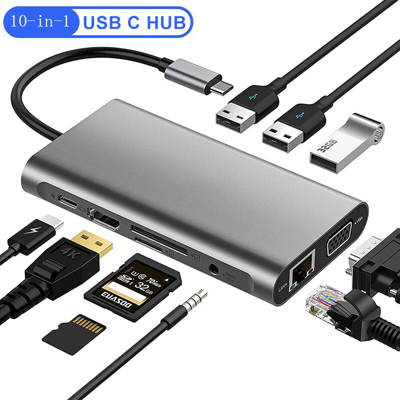 12in1 Type C Docking Station USB C HUB Type-C ถึง Dual HDMI 4K VGA RJ45 ...