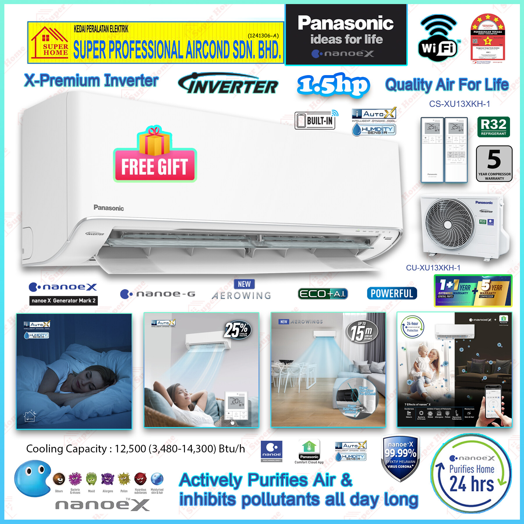 Panasonic X-Premium Inverter Air Conditioner CS-XU13XKH-1 & CU-XU13XKH-1 ((iAUTO-X and Humidity ...