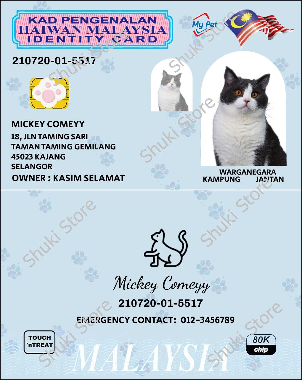 Kad Pengenalan Mykad ID IC Kucing Anjing Arnab Hamster Burung Iguana ...