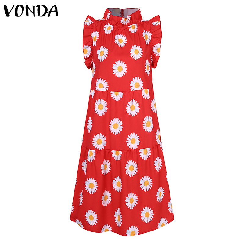 VONDAเดรสลำลองวินเทจพิมพ์ลายดอกไม้แขนกุดของผู้หญิง,เดรสยาวคลุมเข่าทรง ...