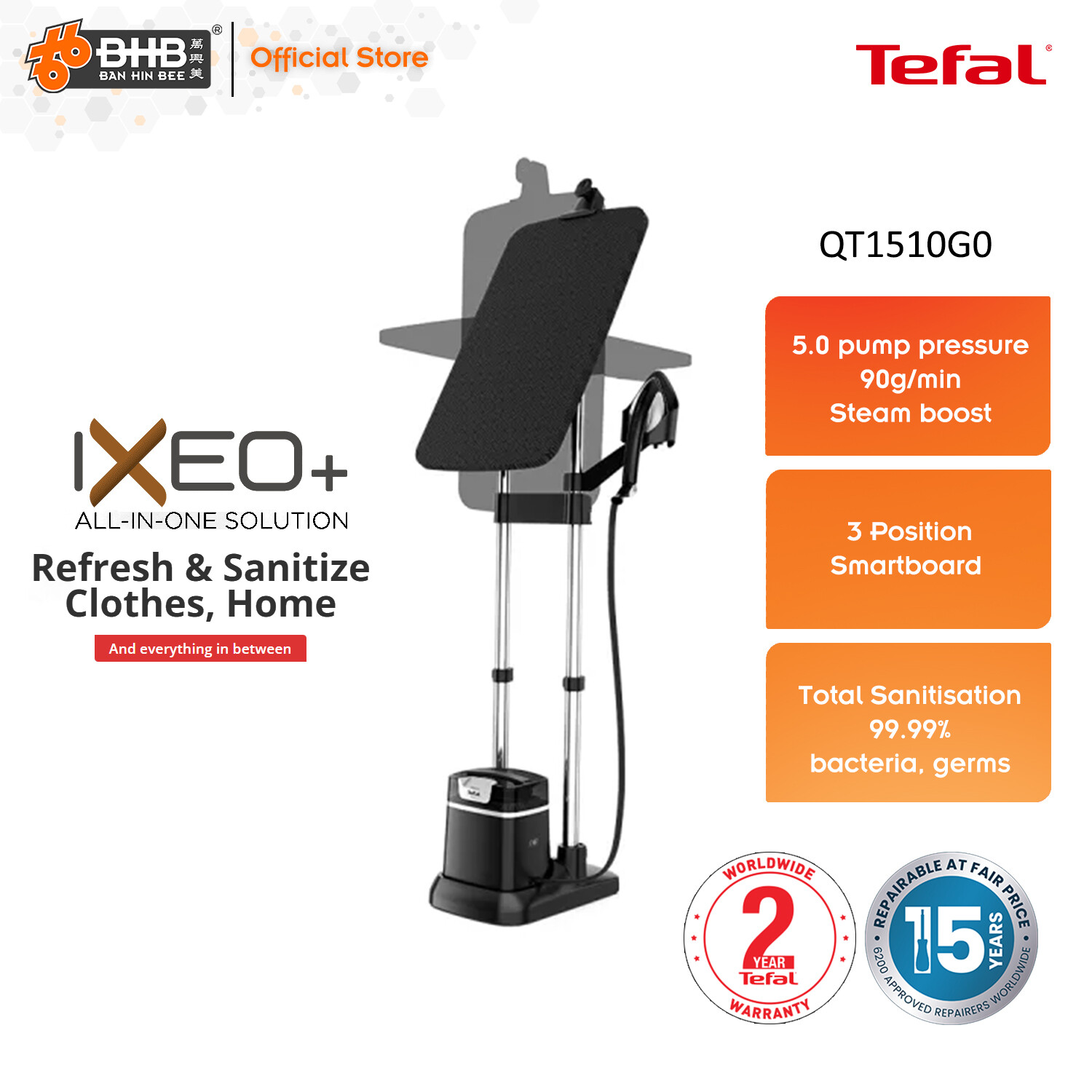 Tefal QT15 IXEO+ Ironing, Refresh & Sanitize Iron Steam Station Garment ...