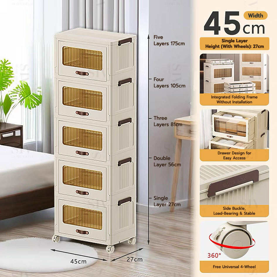 (Easy Installation)SIV 2-5 Tiers Foldable Drawer Cabinet Folding ...